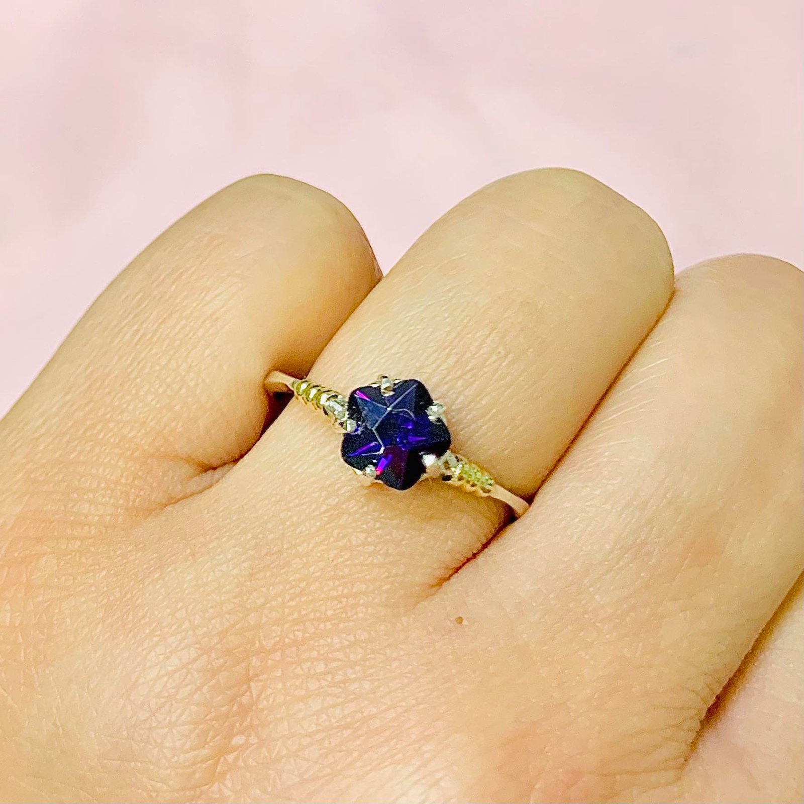 Anillo Flor Primavera con cubic Violeta de Plata y Oro