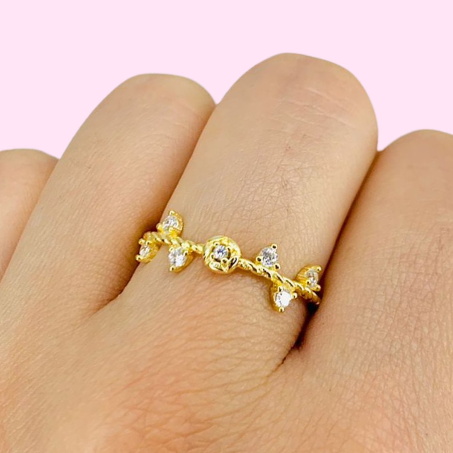 Anillo medio sin fin Rosa enredadera cubic blanco de Plata y BaГ±o de Oro Gold