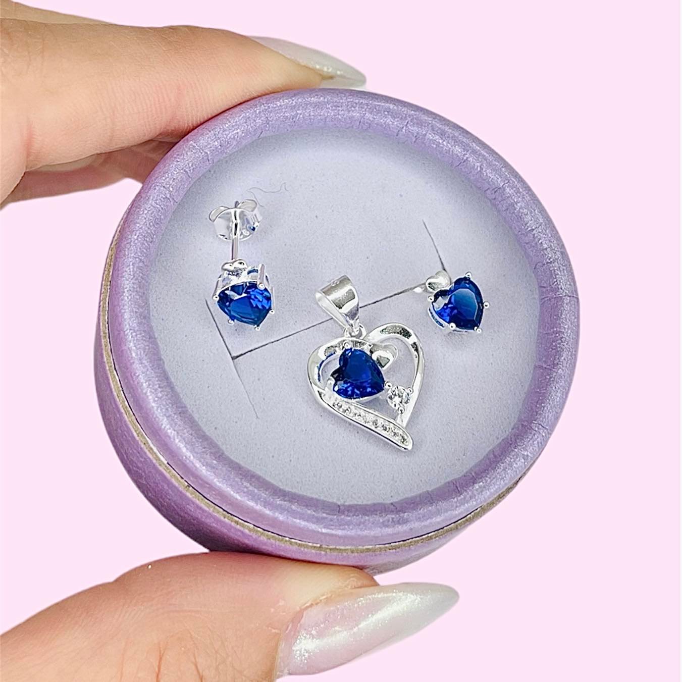 Conjunto aros y dije corazones amor cubic azul de Plata 925