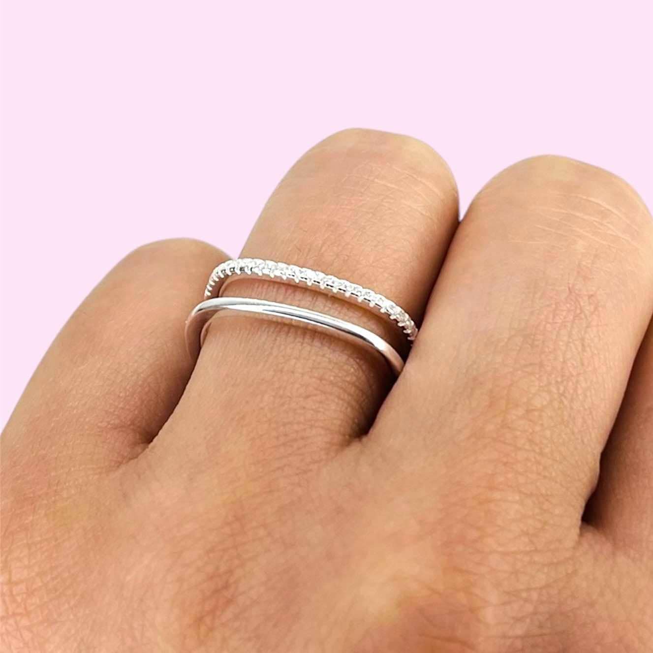 Anillo doble forma cuadrado cubic blanco Plata Italiana
