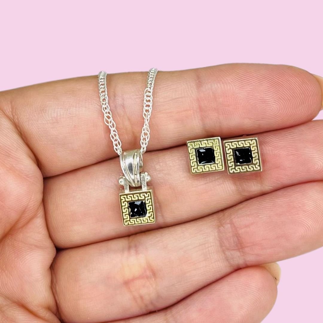 Conjunto Cadena dije y aros Guarda Griega Negro Plata 925 y Oro