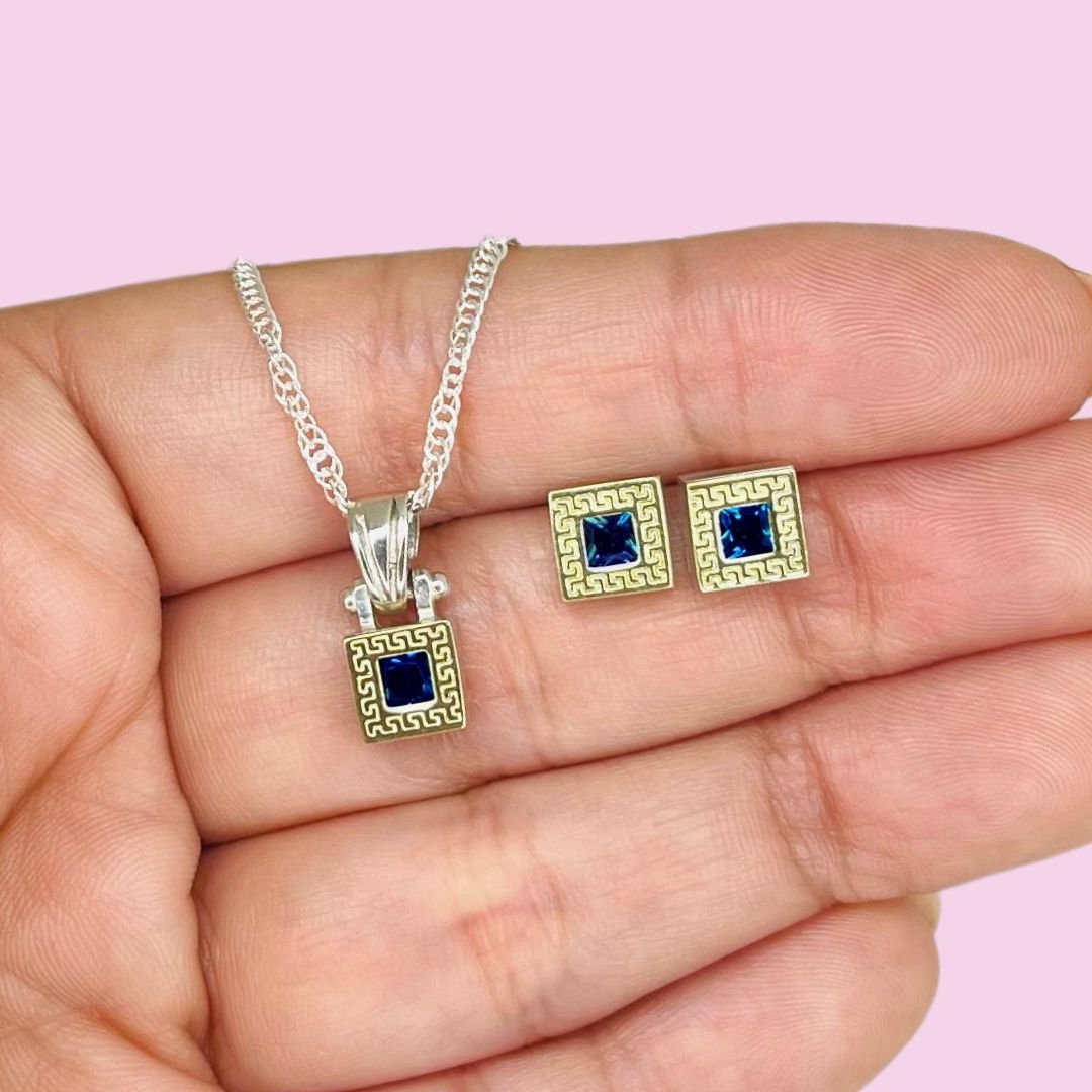 Conjunto Cadena dije y aros Guarda Griega Azul Plata 925 y Oro