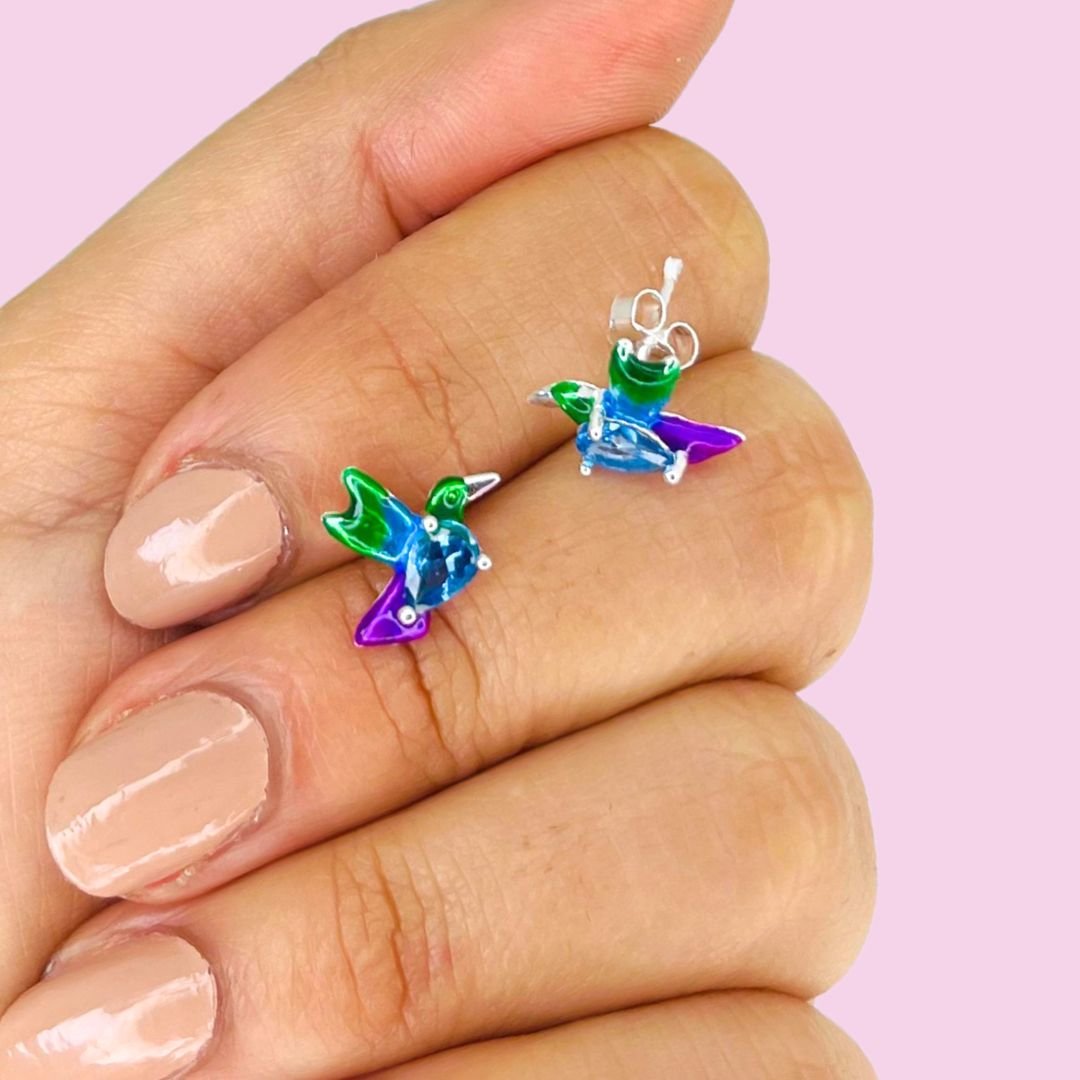 Aros Colibri multicolor esmaltado con cubic azul Plata Italiana