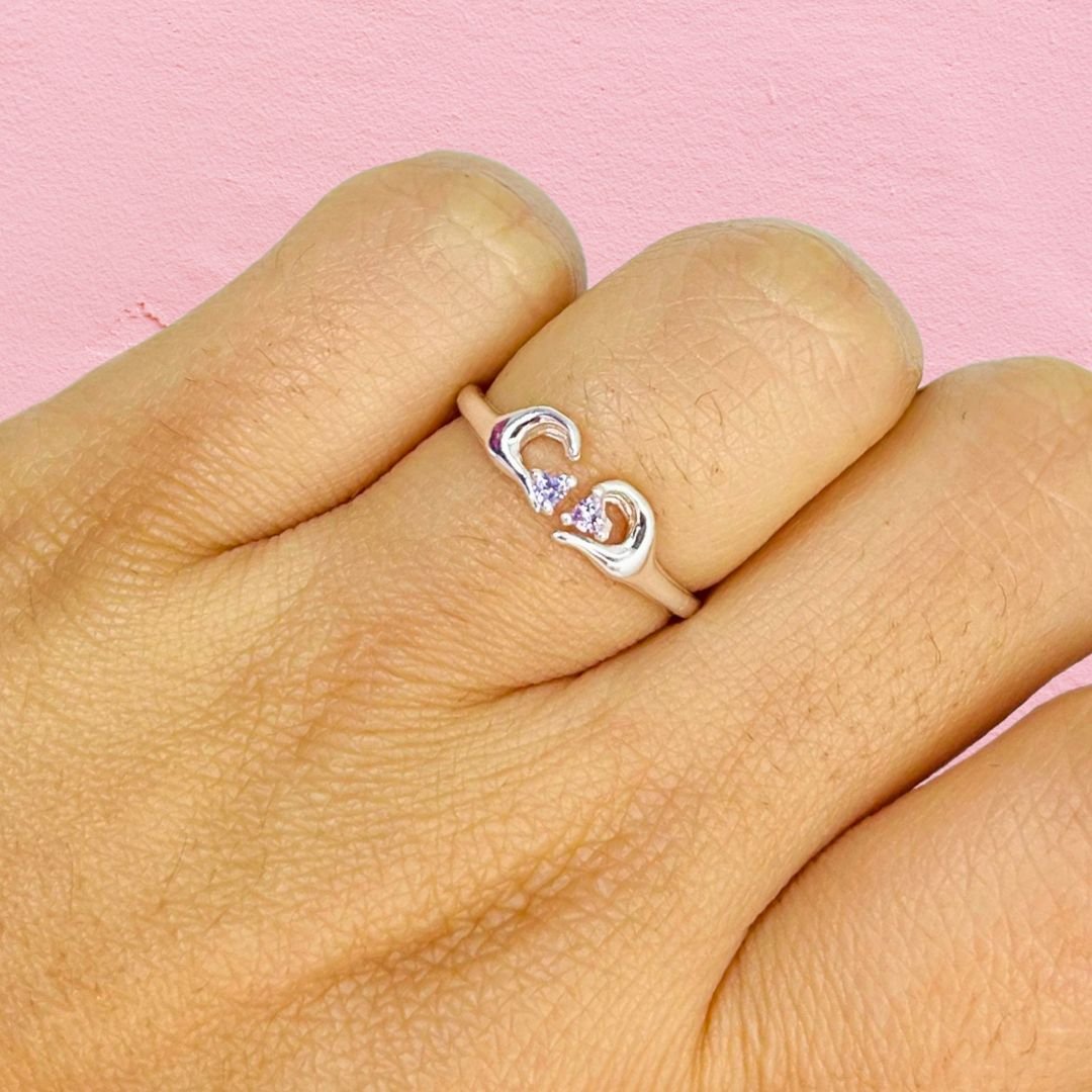 Anillo Emoji manos corazon con cubic Lila Plata Italiana