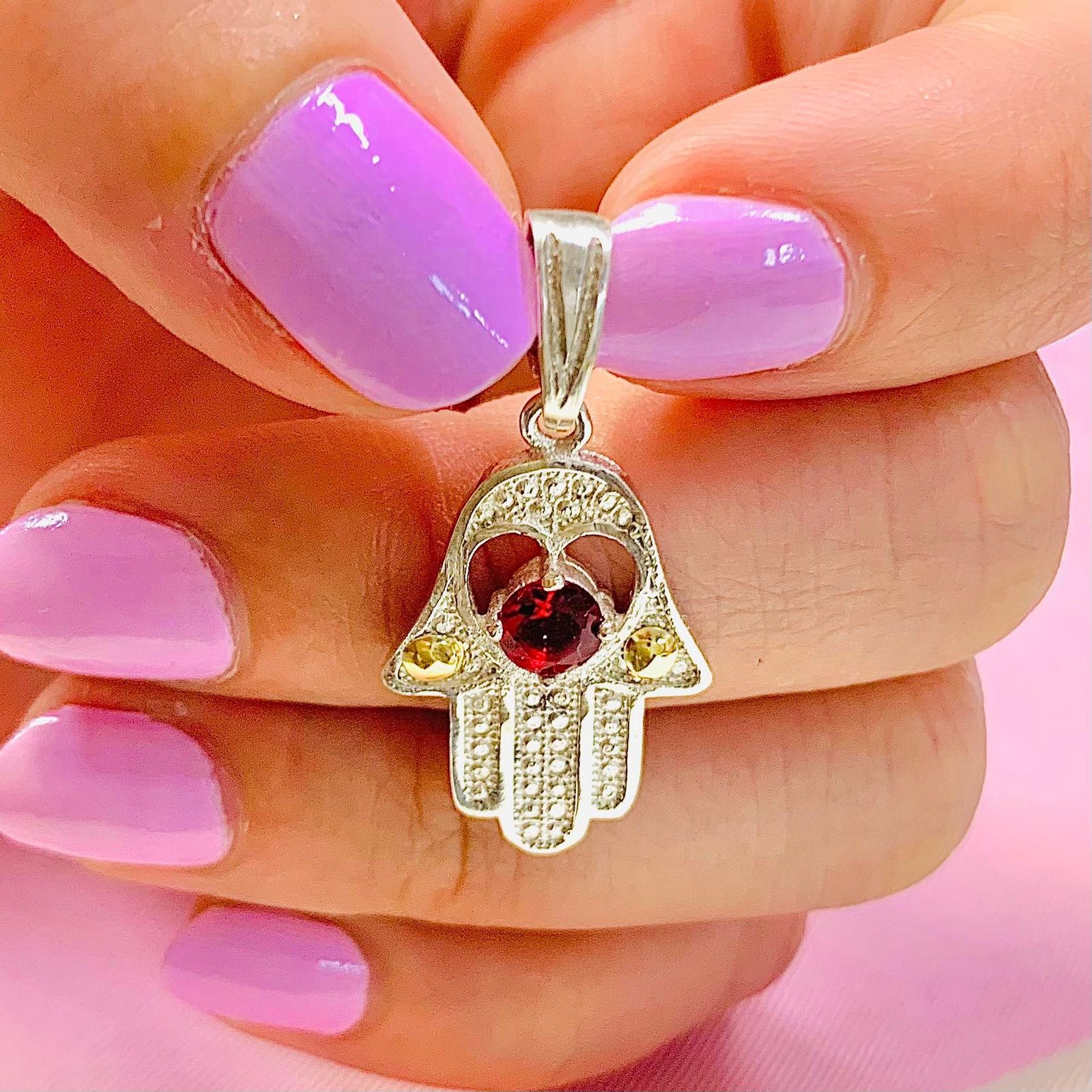 Dije mano de fatima con cubic Rubi 33mm de Plata y Oro