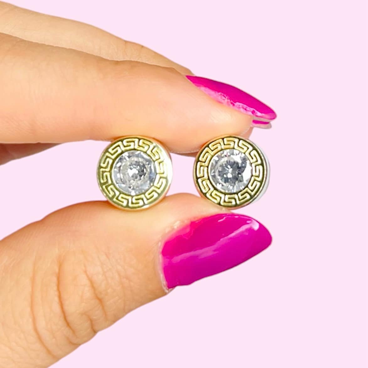 Aritos Guarda Griega con cubic Blanco 11mm de Plata y Oro