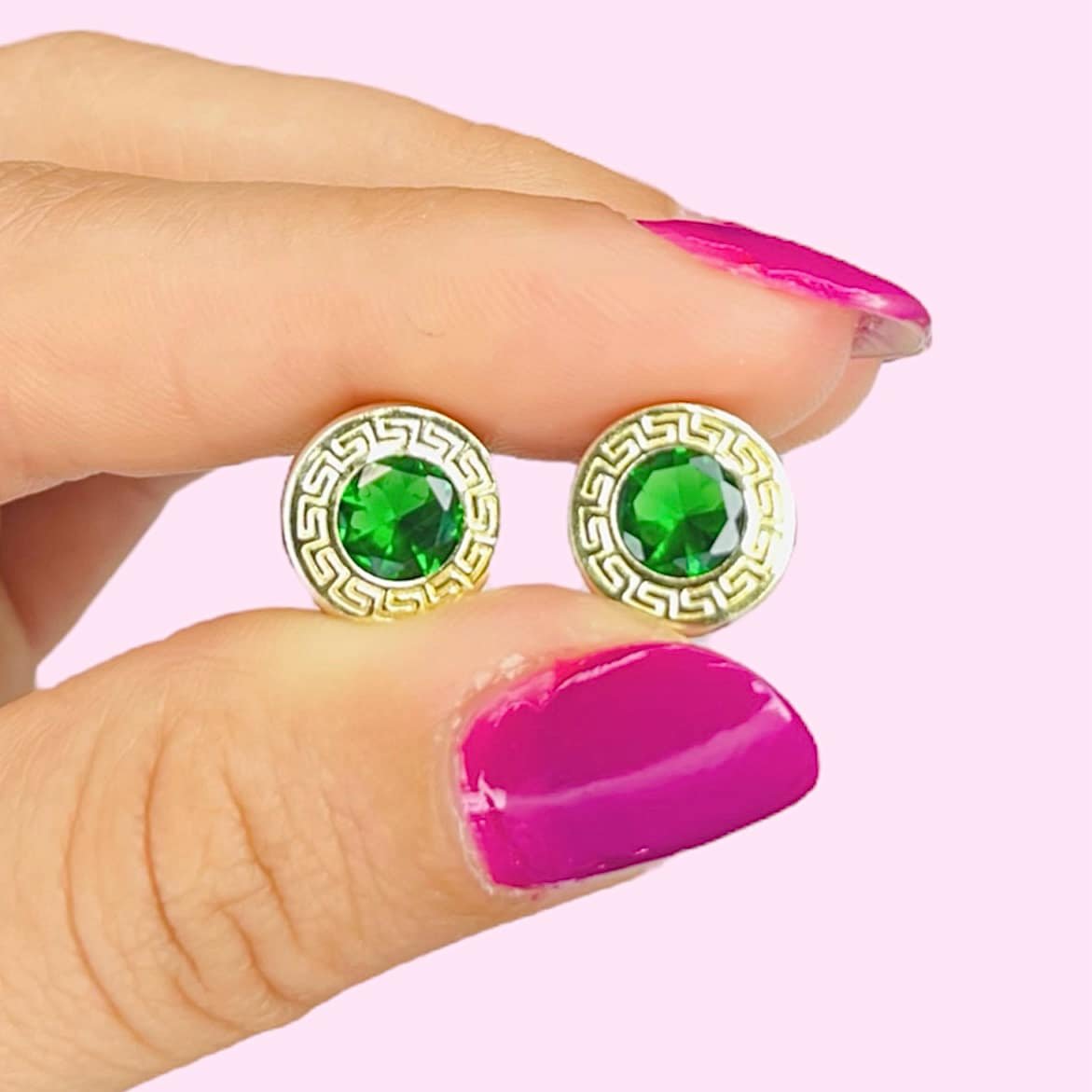 Aritos Guarda Griega con cubic Esmeralda 11mm plata y Oro