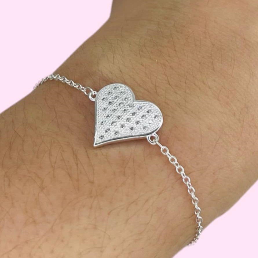 Pulsera Corazon Micropave Plata Italiana