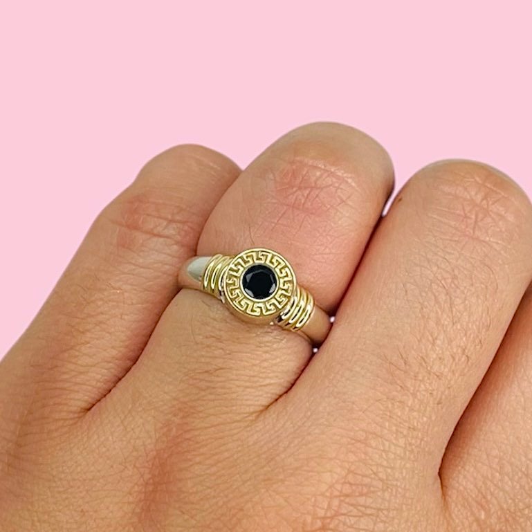 Anillo guarda griega chico con cubic Negro 5mm Plata y Oro